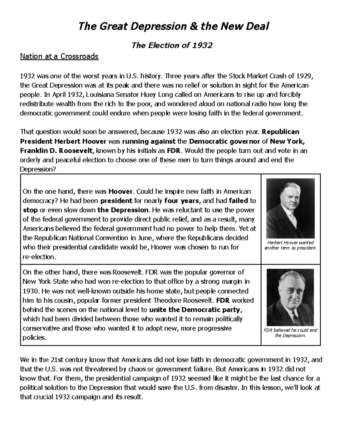 6. The Election of 1932 - The Election of 1932 Nation at a Crossroads ...