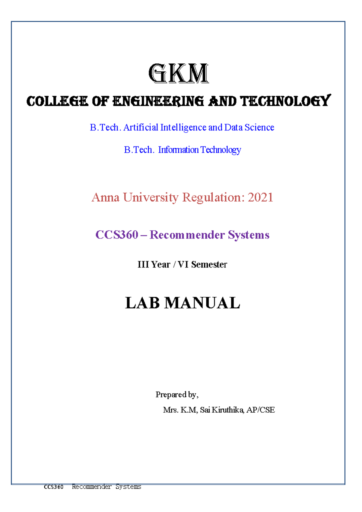 CCS360 Recommender Systems Lab Manual: Practical Exercises and ...