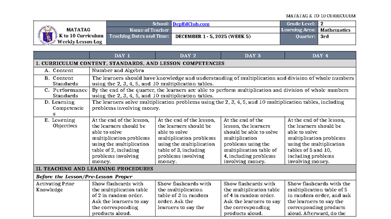 DLL Matatag Mathematics 2 Q3 Week 5 Lesson Plan - Studocu