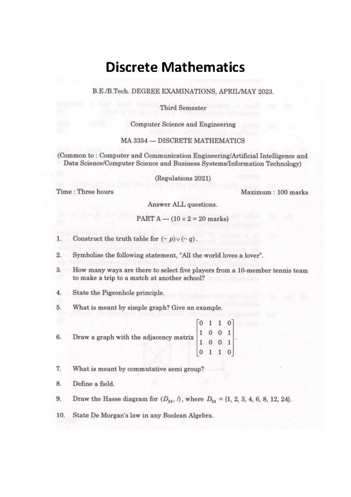 DOC-20240205-WA0000 - Nothing - 4G SILVER ACADEMY MA3354 – Discrete Mathematics Important ...
