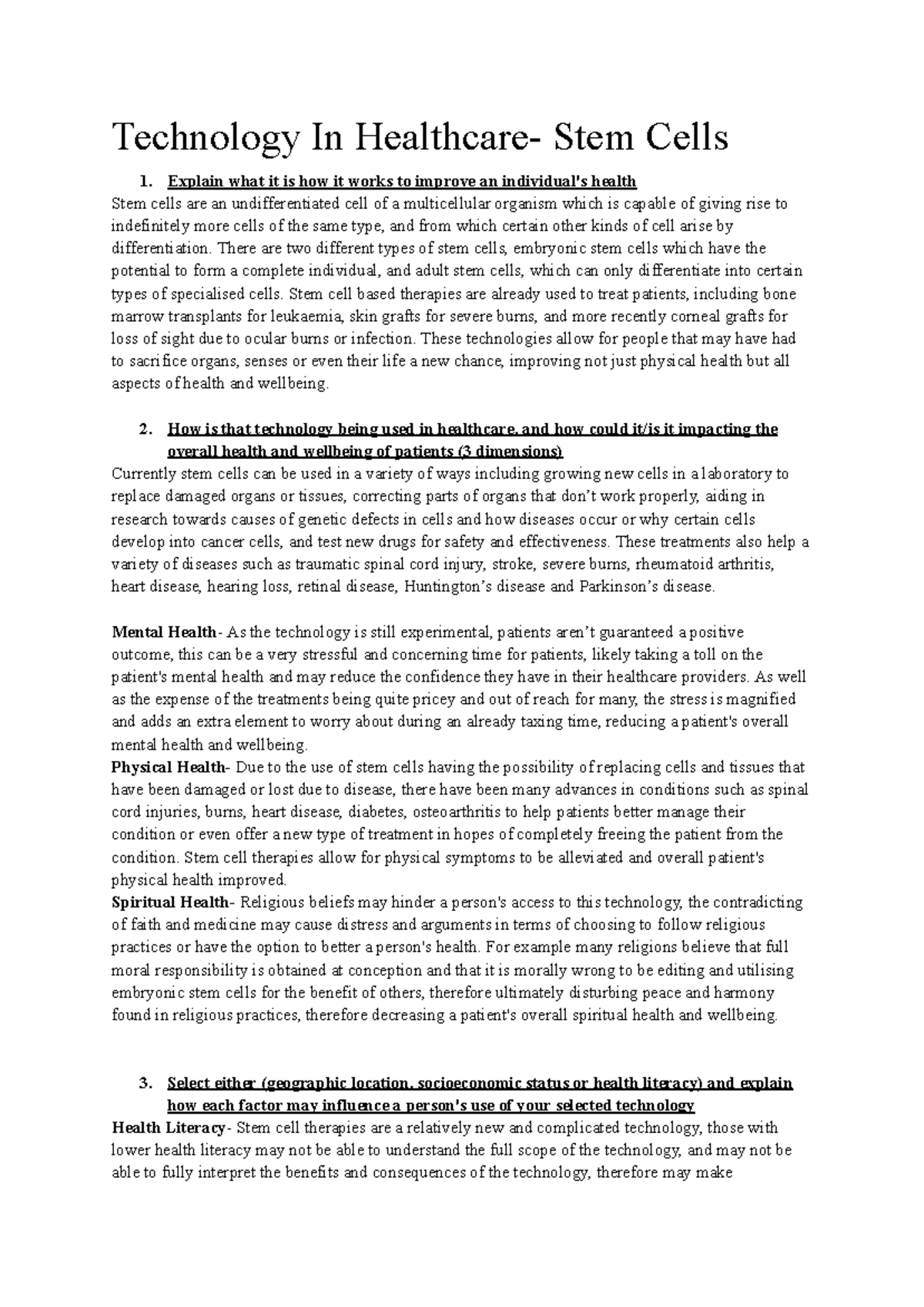 HHD Unit 2 Outcome 2 - Summary of Stem Cell Therapies and Ethical ...