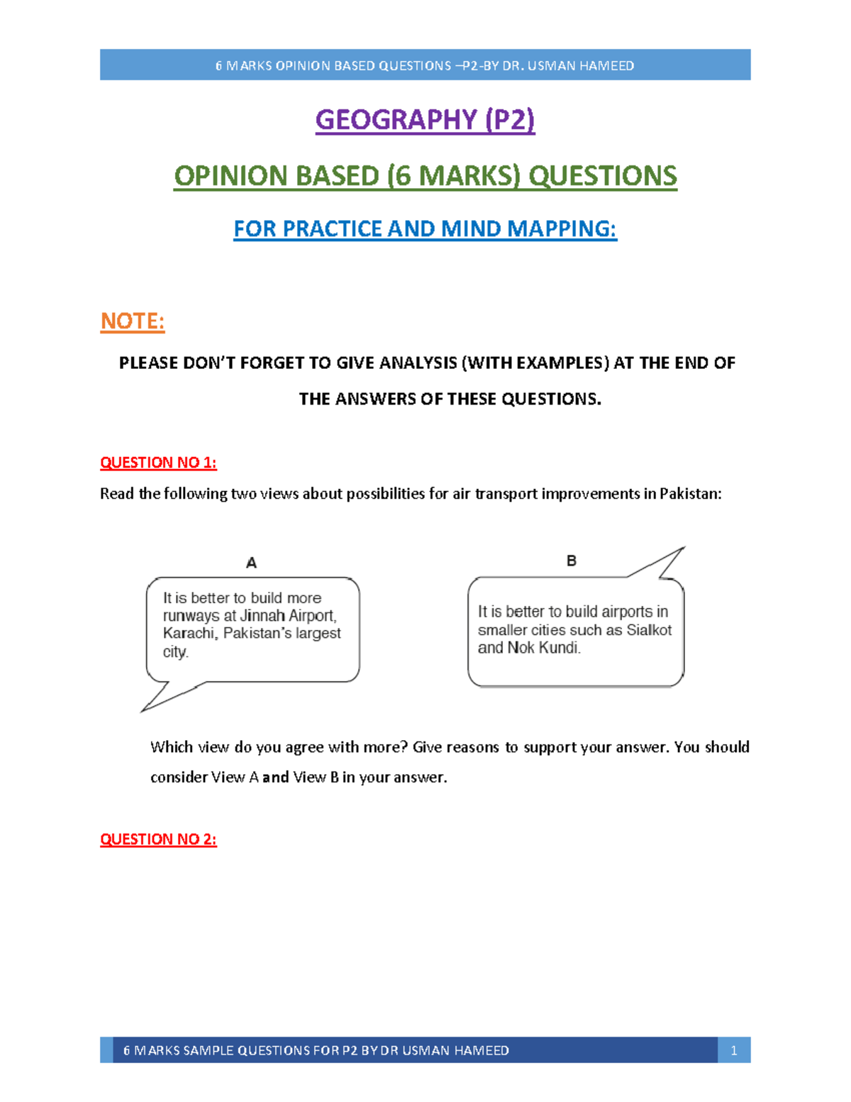 Geography P2: 6 Marks Opinion-Based Questions & Analysis Notes - Studocu