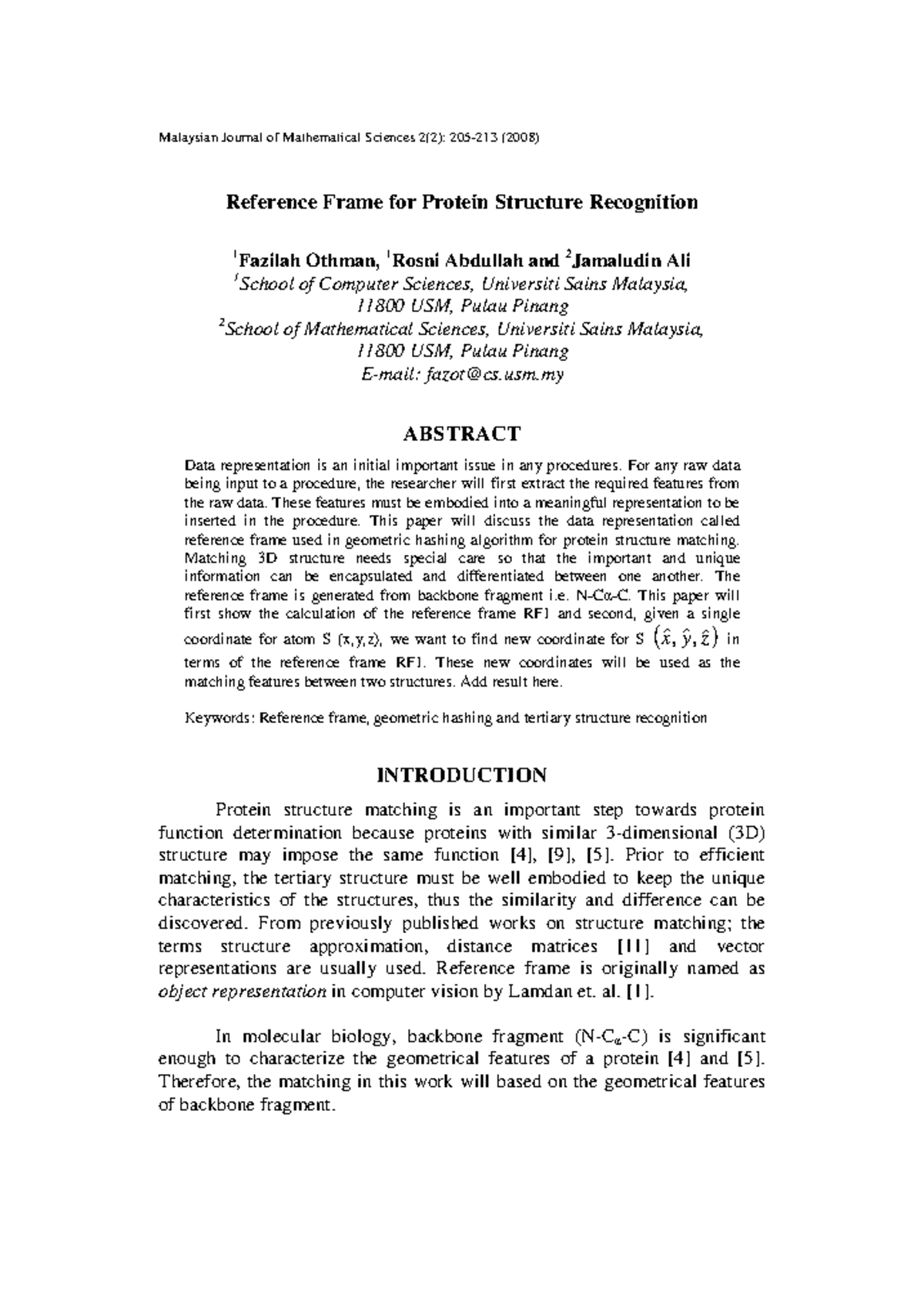 Reference Frame for Protein Structure Recognition - usm ABSTRACT Data ...