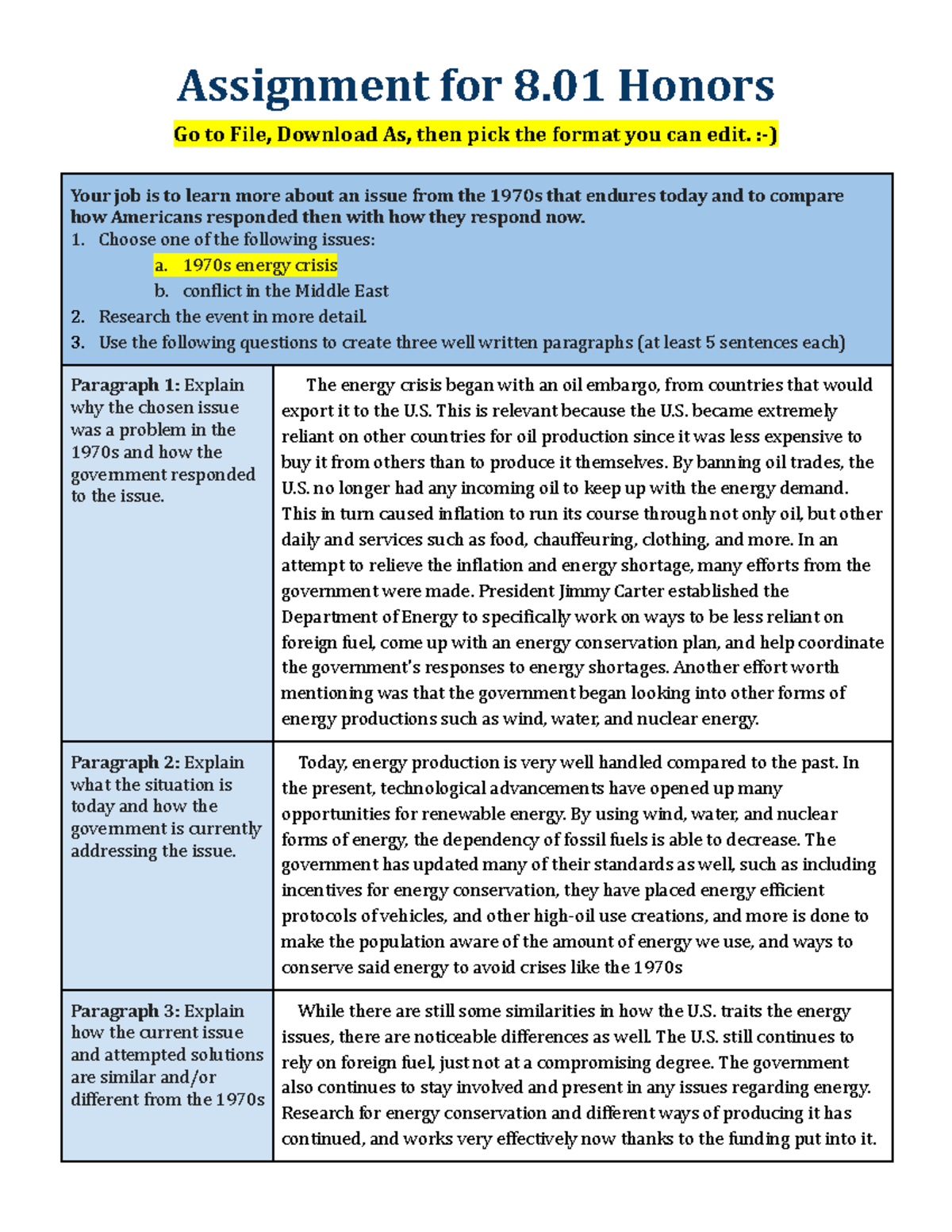 USH 8.01 Assignment: Comparing 1970s Energy Crisis to Today - Studocu
