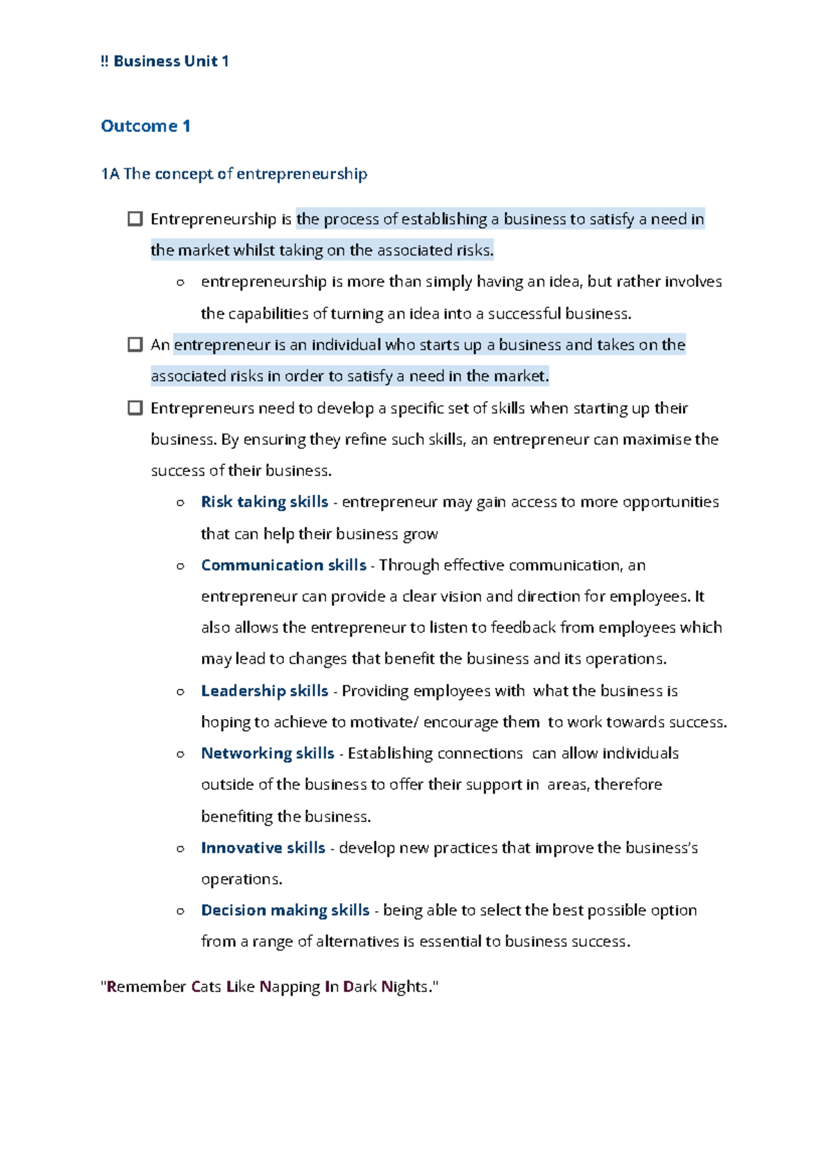 Business Unit 1: Entrepreneurship Concepts and Business Planning Notes ...