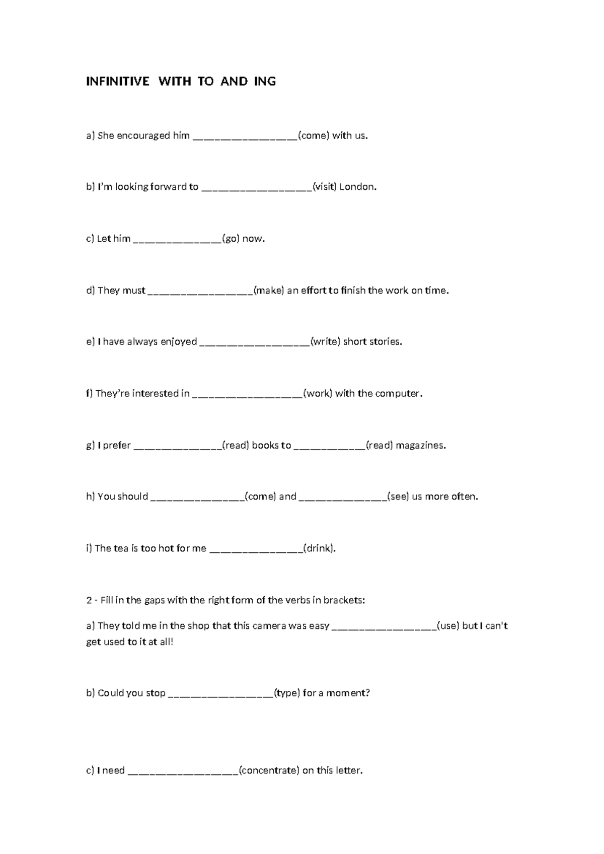 Infinitive Usage: To vs. ING - Practice Exercises - Studocu