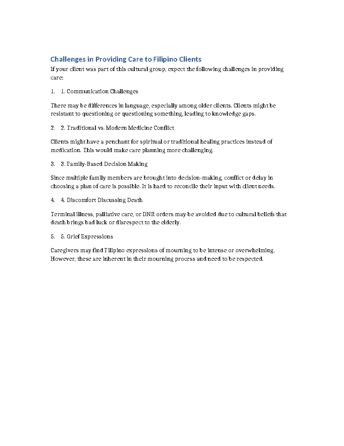 Cultural Care Challenges: Filipino Clients' Perspectives - Studocu