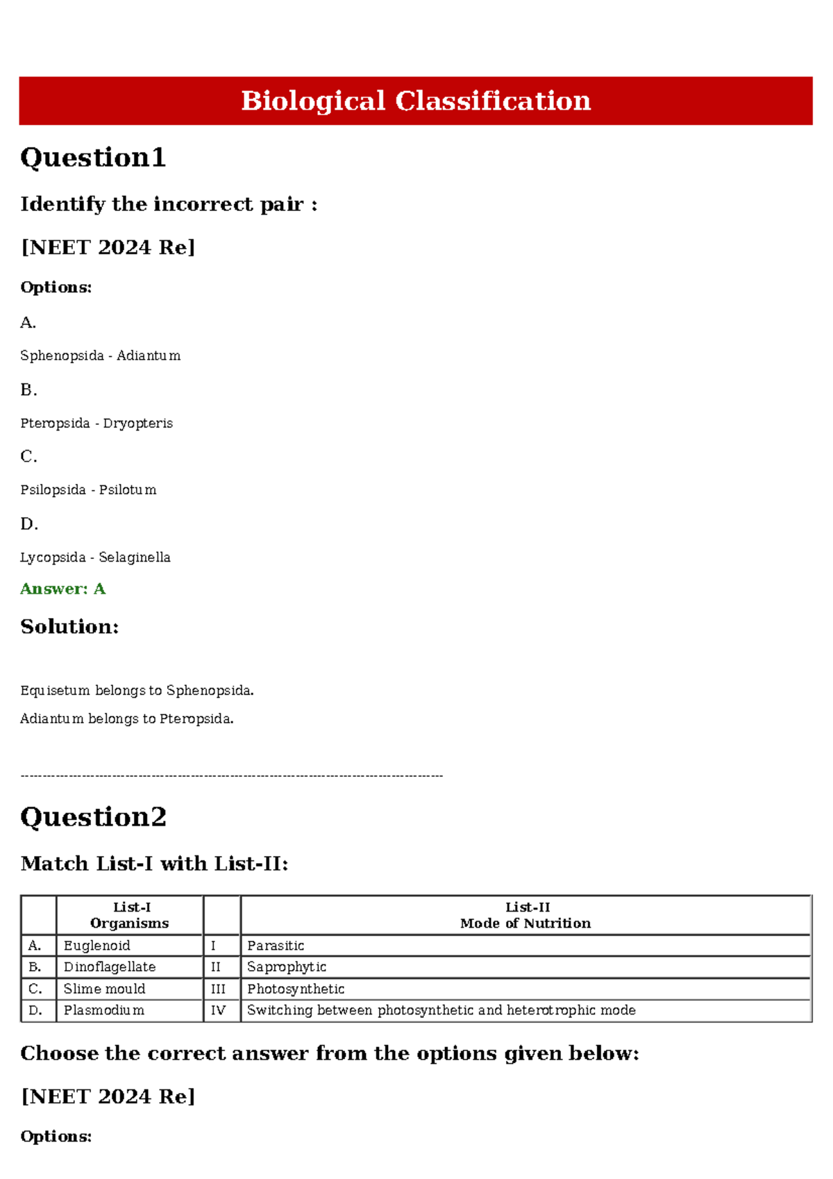 Biological Classification - Biological Classification Question Identify the incorrect pair ...