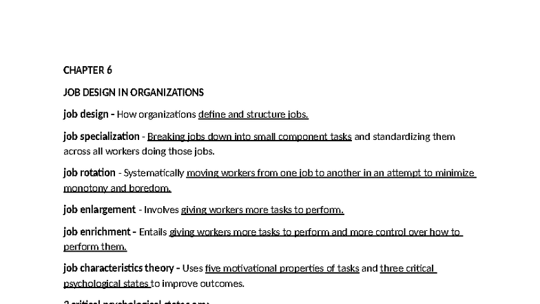 HBO CHAPTER 6 & 7 JOB DESIGN, GROUPS, AND TEAMS REVIEW NOTES - Studocu