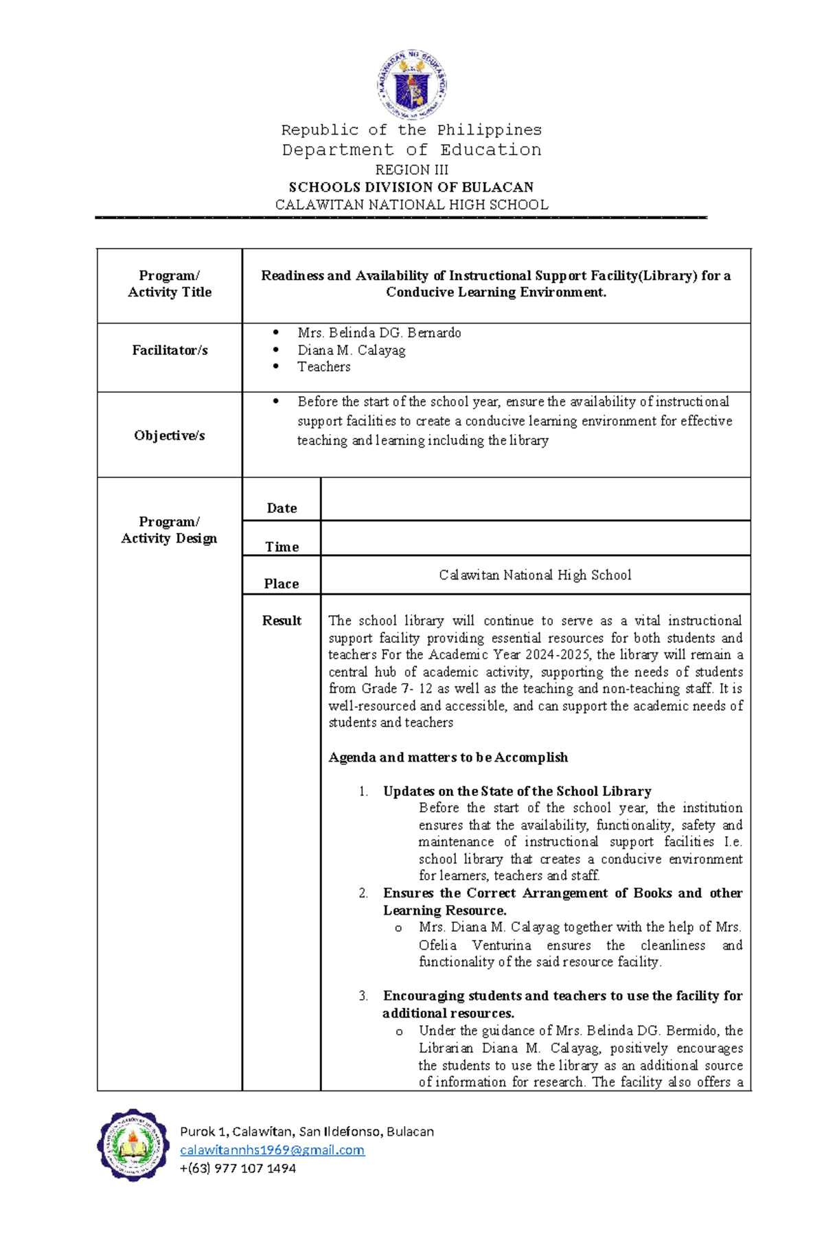ACR-Library Readiness for a Conducive Learning Environment (2024-25 ...