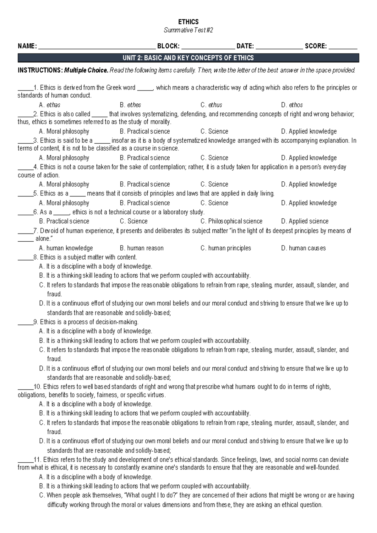 Ethics ST2 Summative Test: Key Concepts and Multiple Choice Questions ...