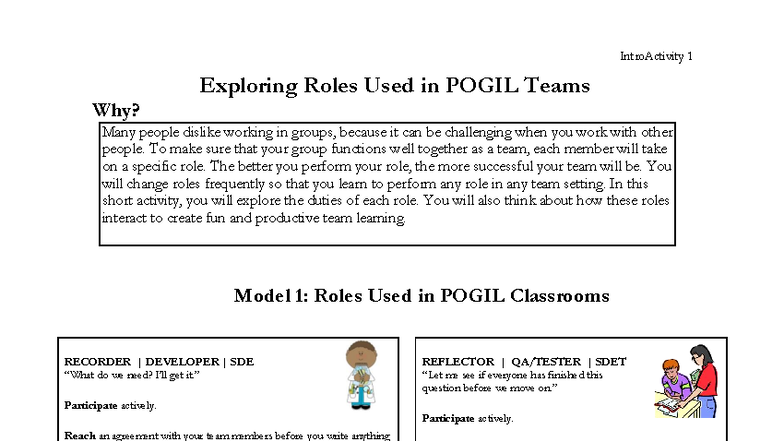 Intro Activity 1: Exploring POGIL Team Roles and Responsibilities - Studocu