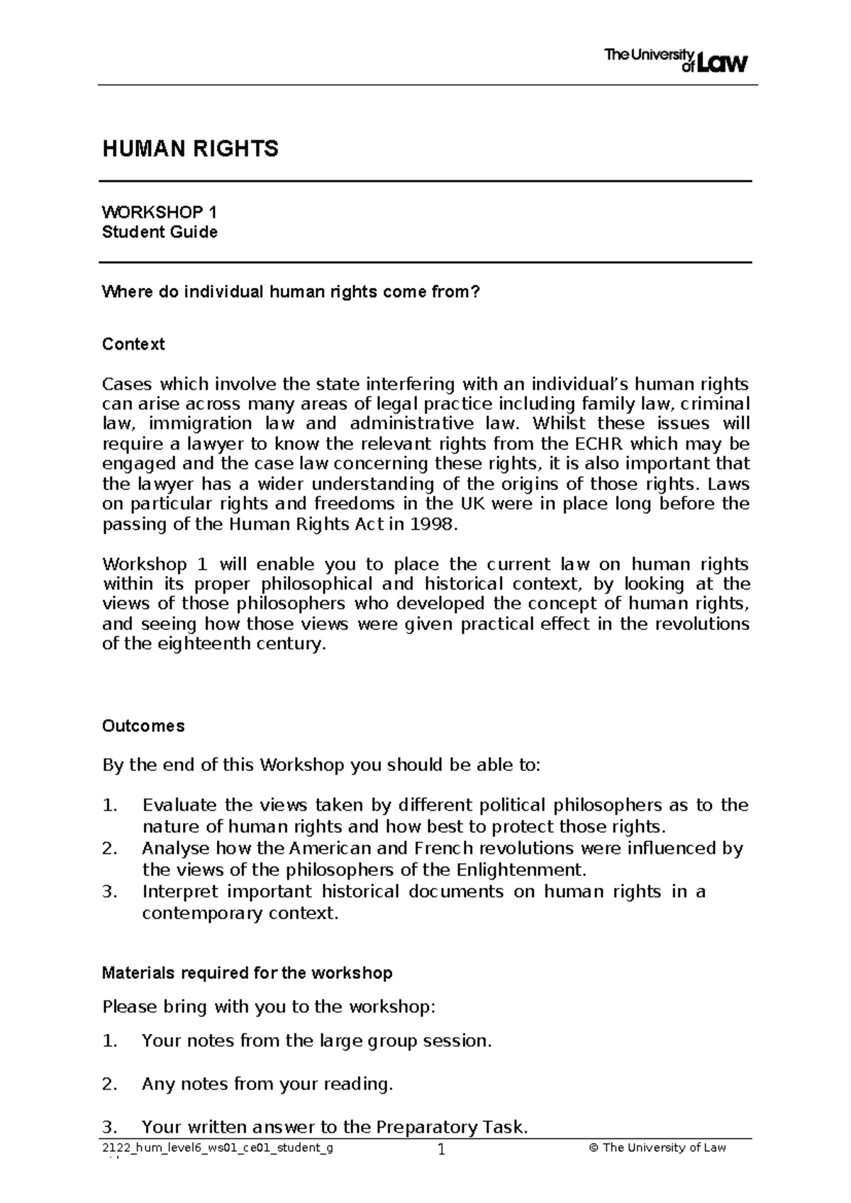 HUMAN RIGHTS WORKSHOP 1: Exploring Origins and Philosophical Context ...
