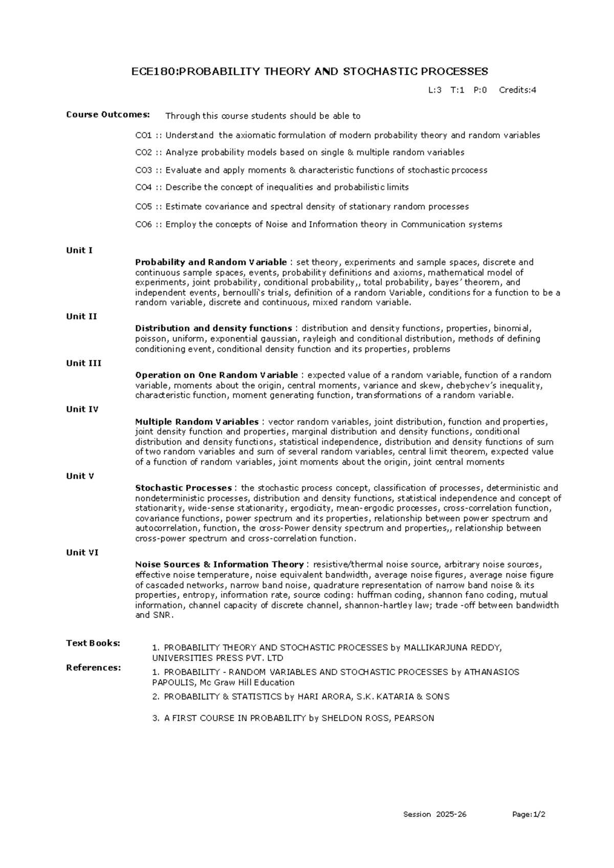 ECE180: Syllabus for Probability Theory & Stochastic Processes - Studocu
