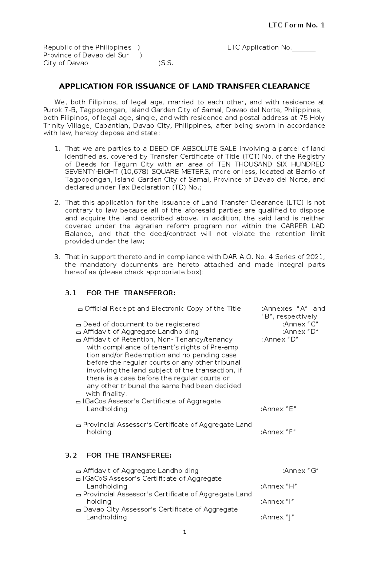 LTC Application for Land Transfer Clearance - Summary Document - Studocu
