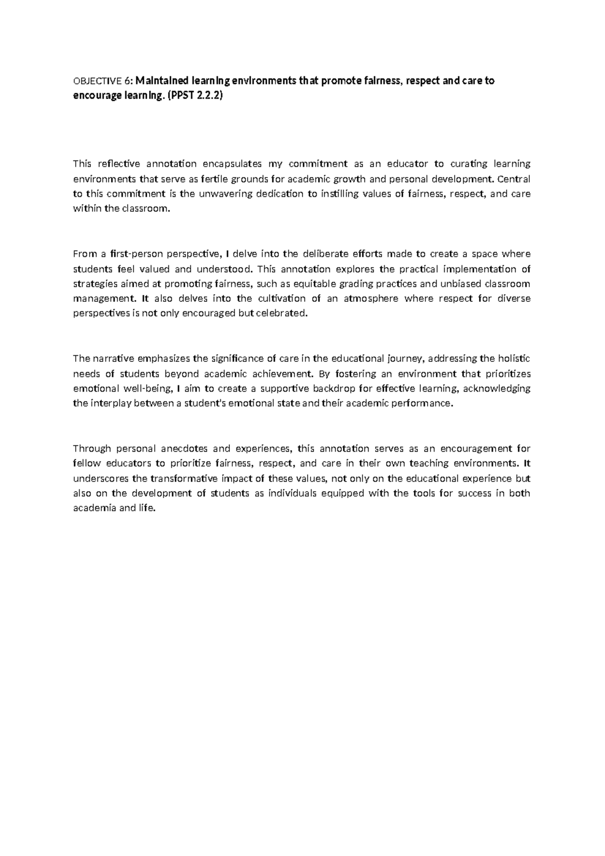Objective 6: Fairness, Respect, and Care in Learning Environments (PPST ...