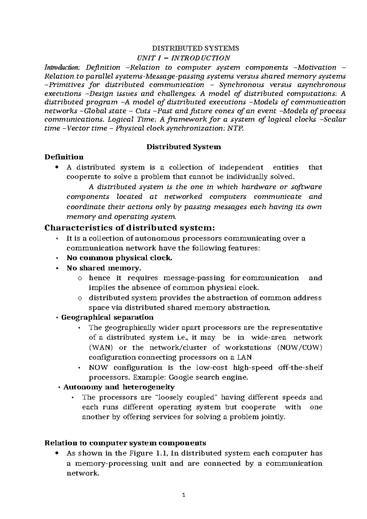 Distributed Systems (CS101) Unit I: Introduction and Key Concepts - Studocu