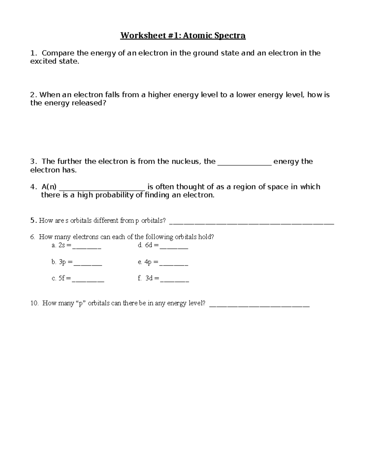 Atomic Orbitals Worksheet: Energy Levels & Electron Configurations ...