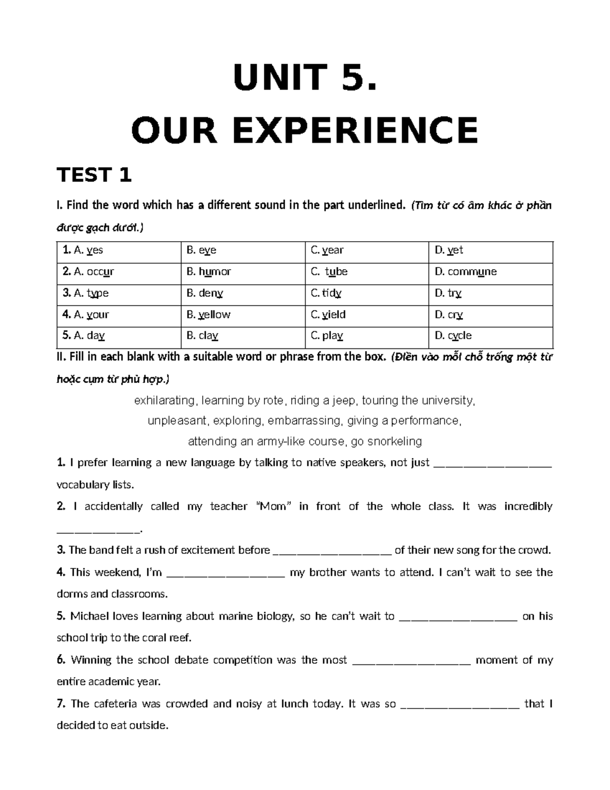 5. UNIT 5: OUR Experiences - Test and Activities Guide - Studocu