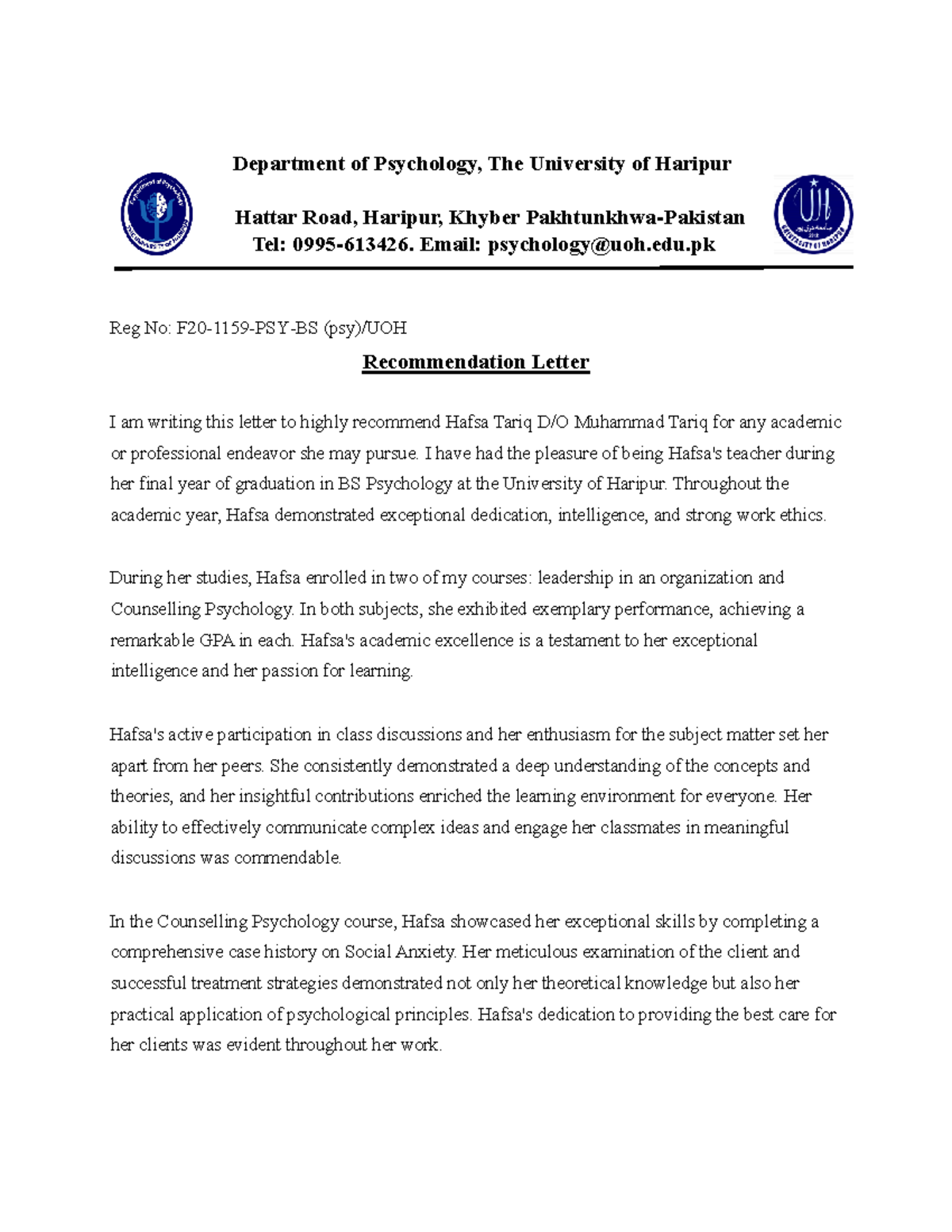 Recommendation Letter for Hafsa Tariq - BS Psychology - Studocu