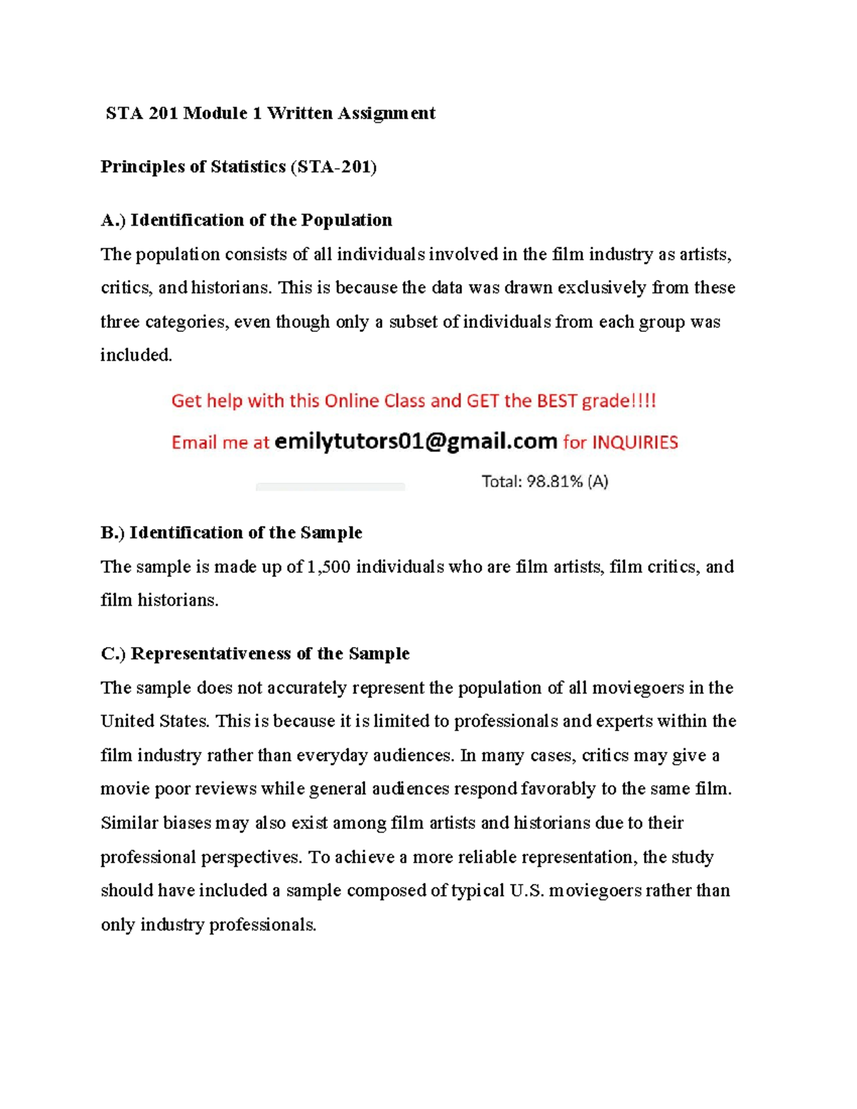 STA 201 Module 1 Written Assignment: Analyzing Film Industry Samples ...