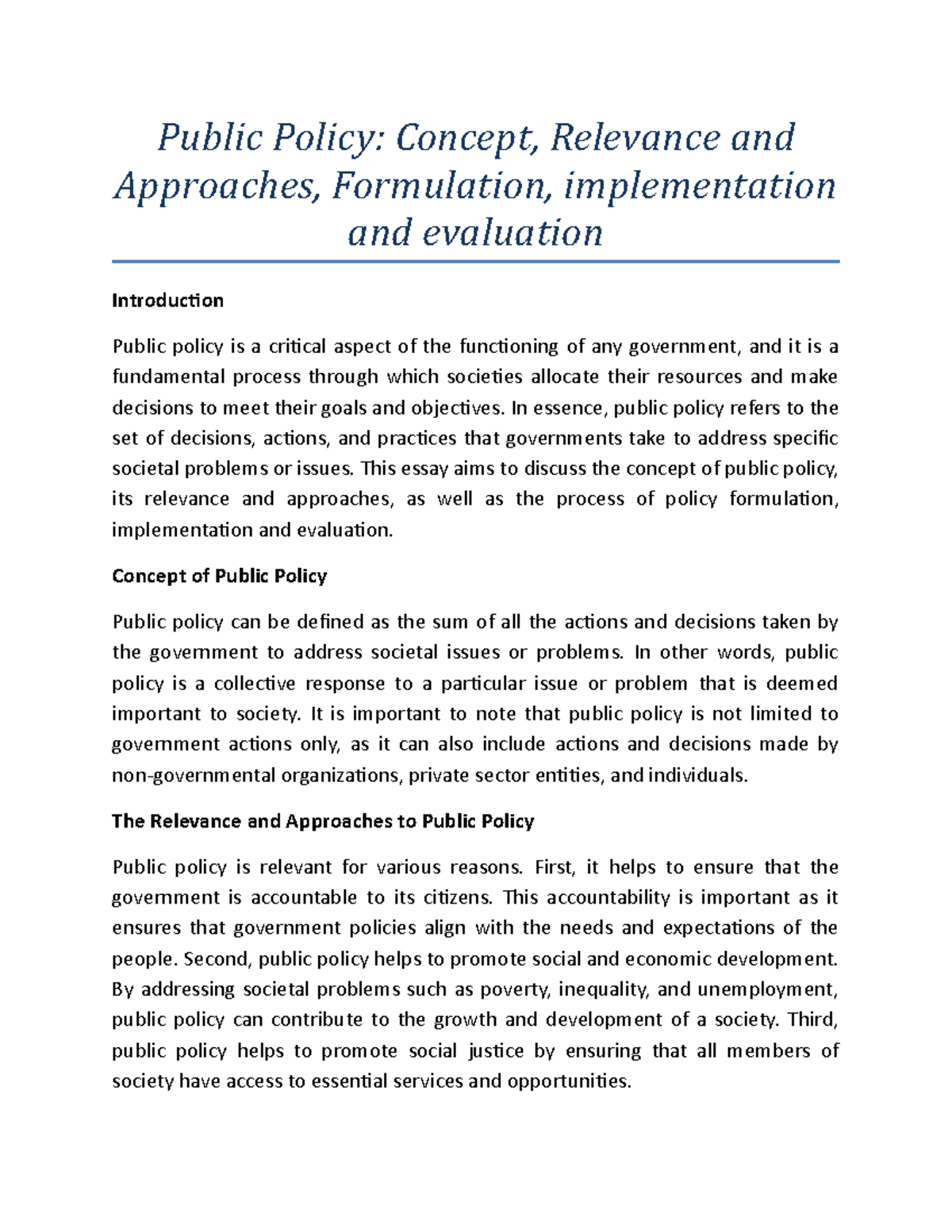 Public Policy Concepts and Approaches: Formulation & Evaluation Insights - Studocu