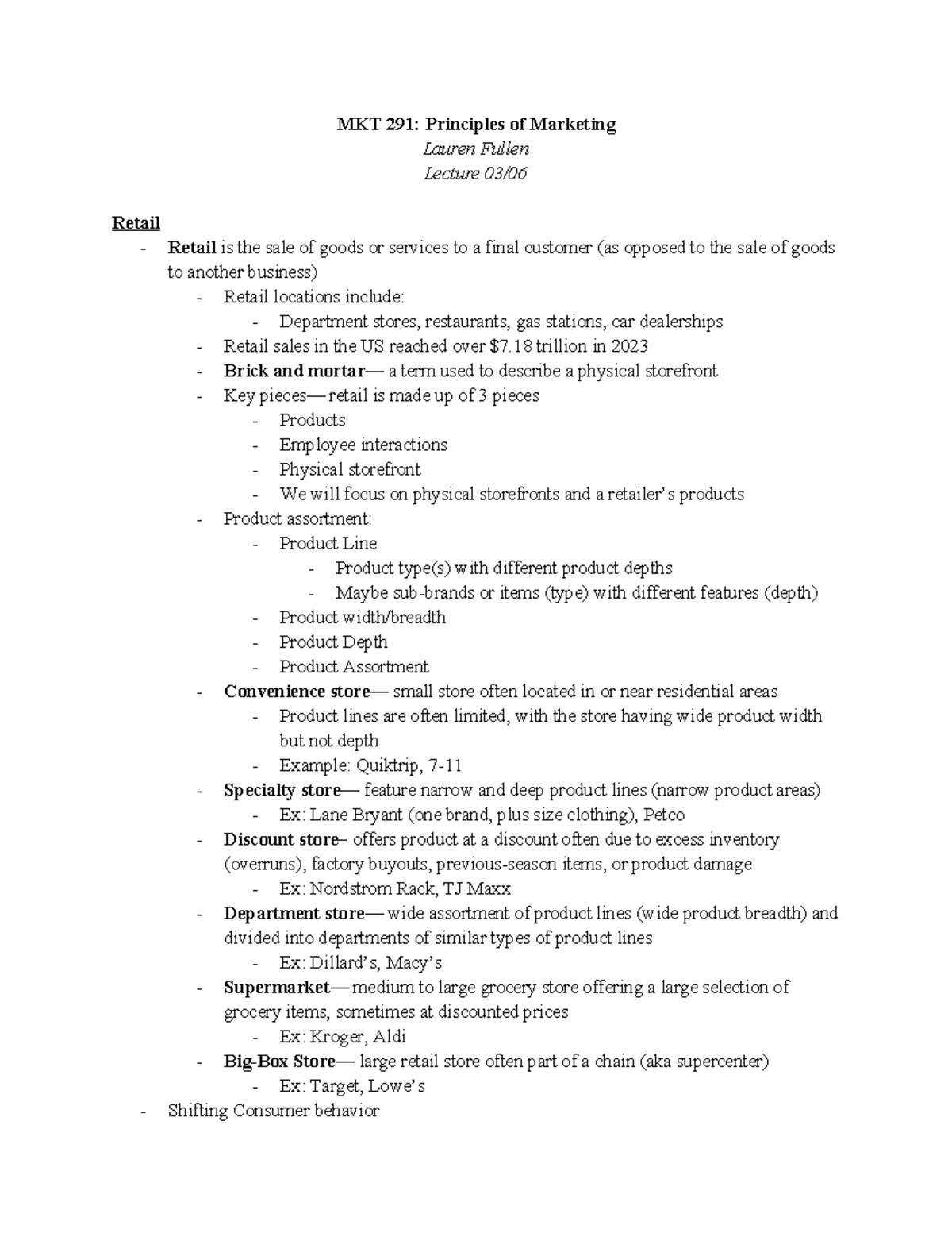 Mkt 291 Lecture Notes Retail Marketing Strategies And Trends Studocu