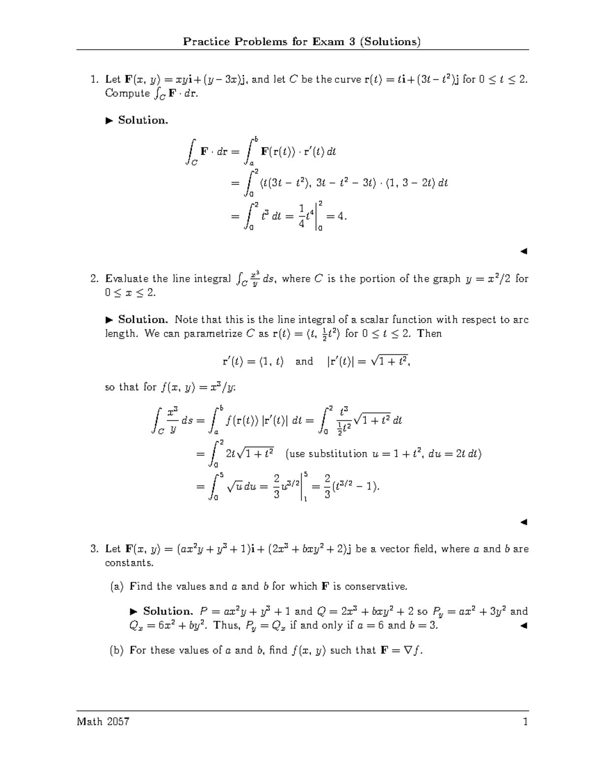 Math 2057 Practice Problems for Exam 3 (Solutions) on Line Integrals ...