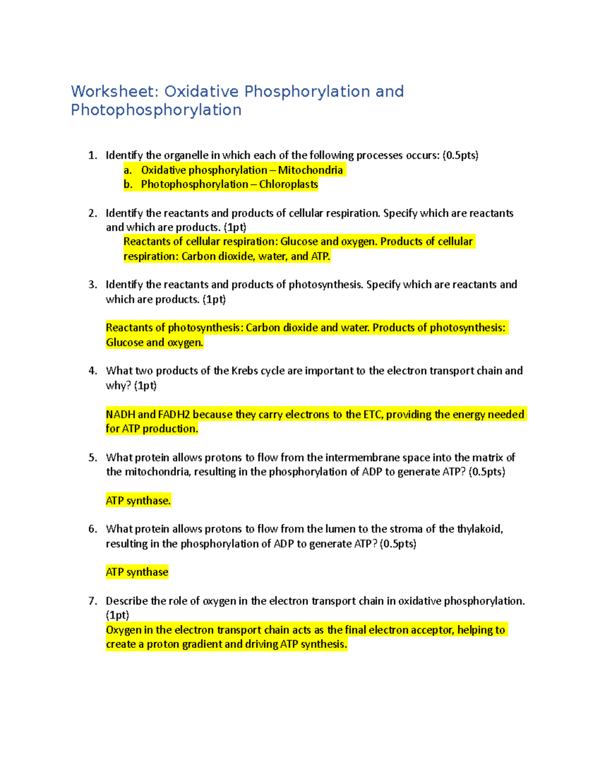 Worksheet Oxidative Phosphorylationcompleted - Worksheet: Oxidative ...