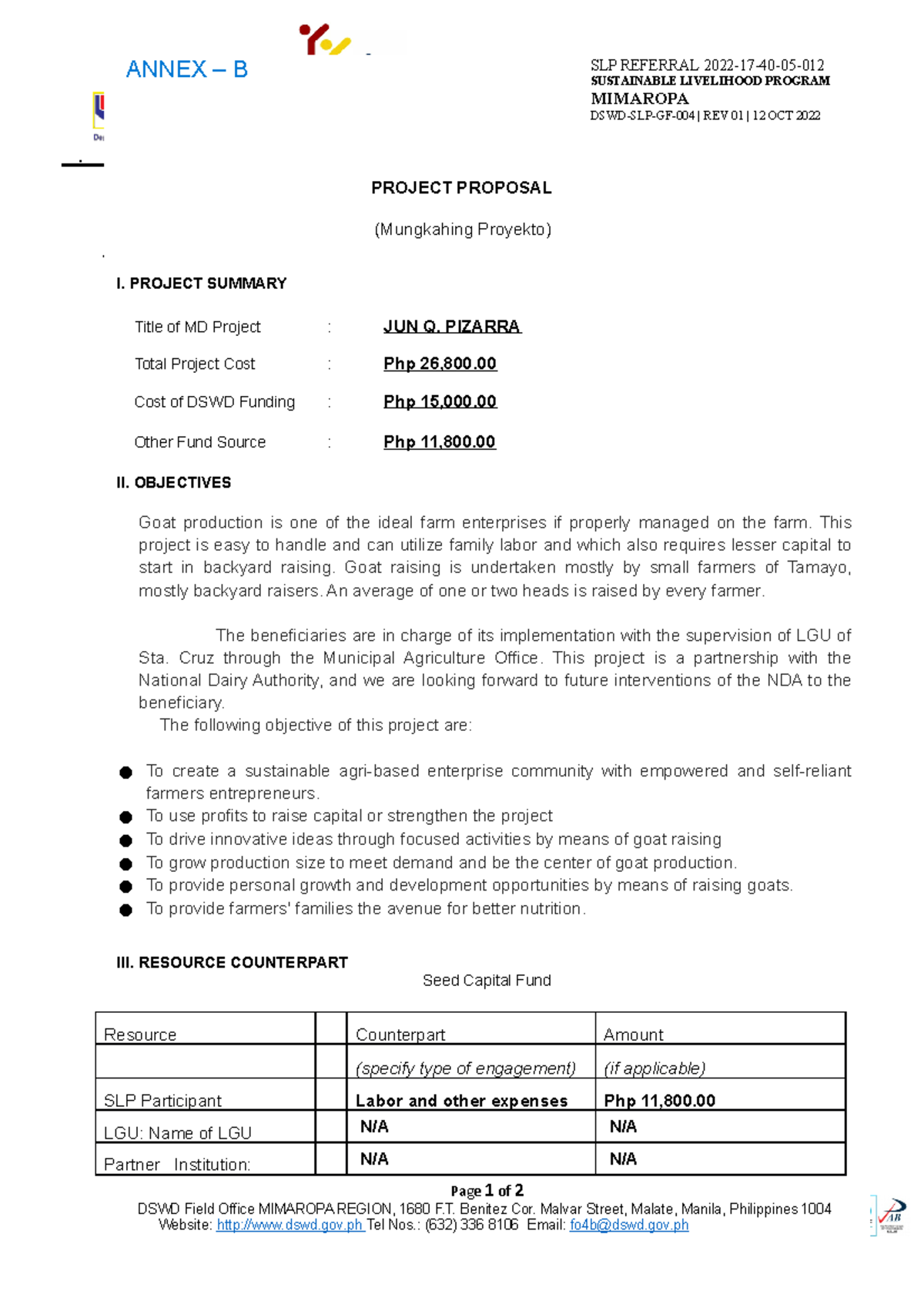 DSWD-SLP-GF-004 REV 01 Project Proposal: Goat Production Initiative ...