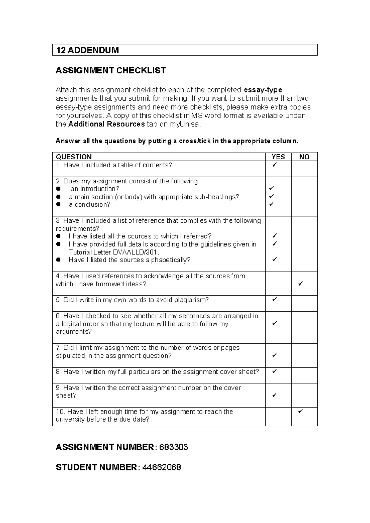 Assignment Checklist for Submission - 12 ADDENDUM ASSIGNMENT 683303 ...