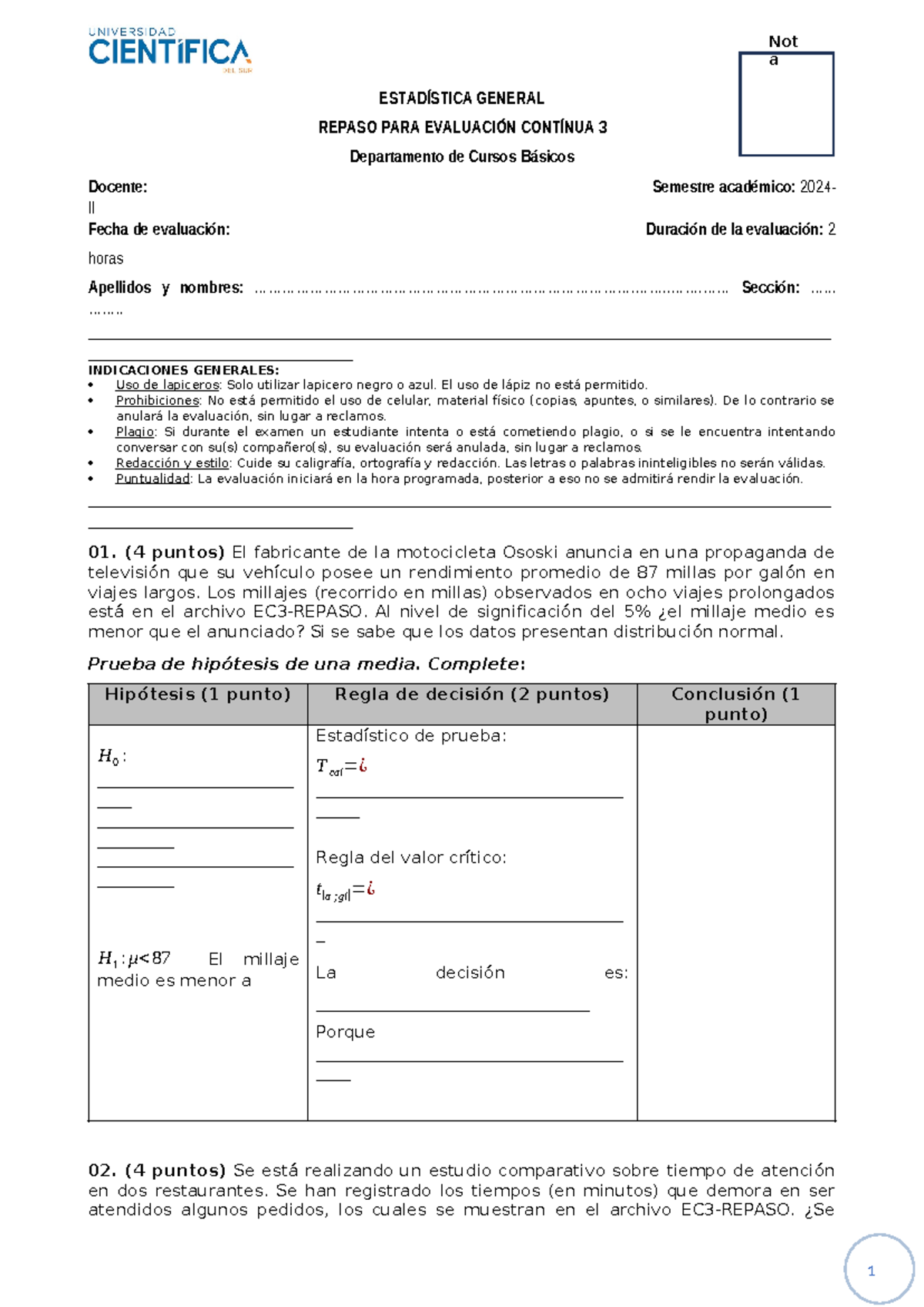 Solucionario de ESTADÍSTICA GENERAL EC3 - Repaso Evaluación Continua 3 - Studocu