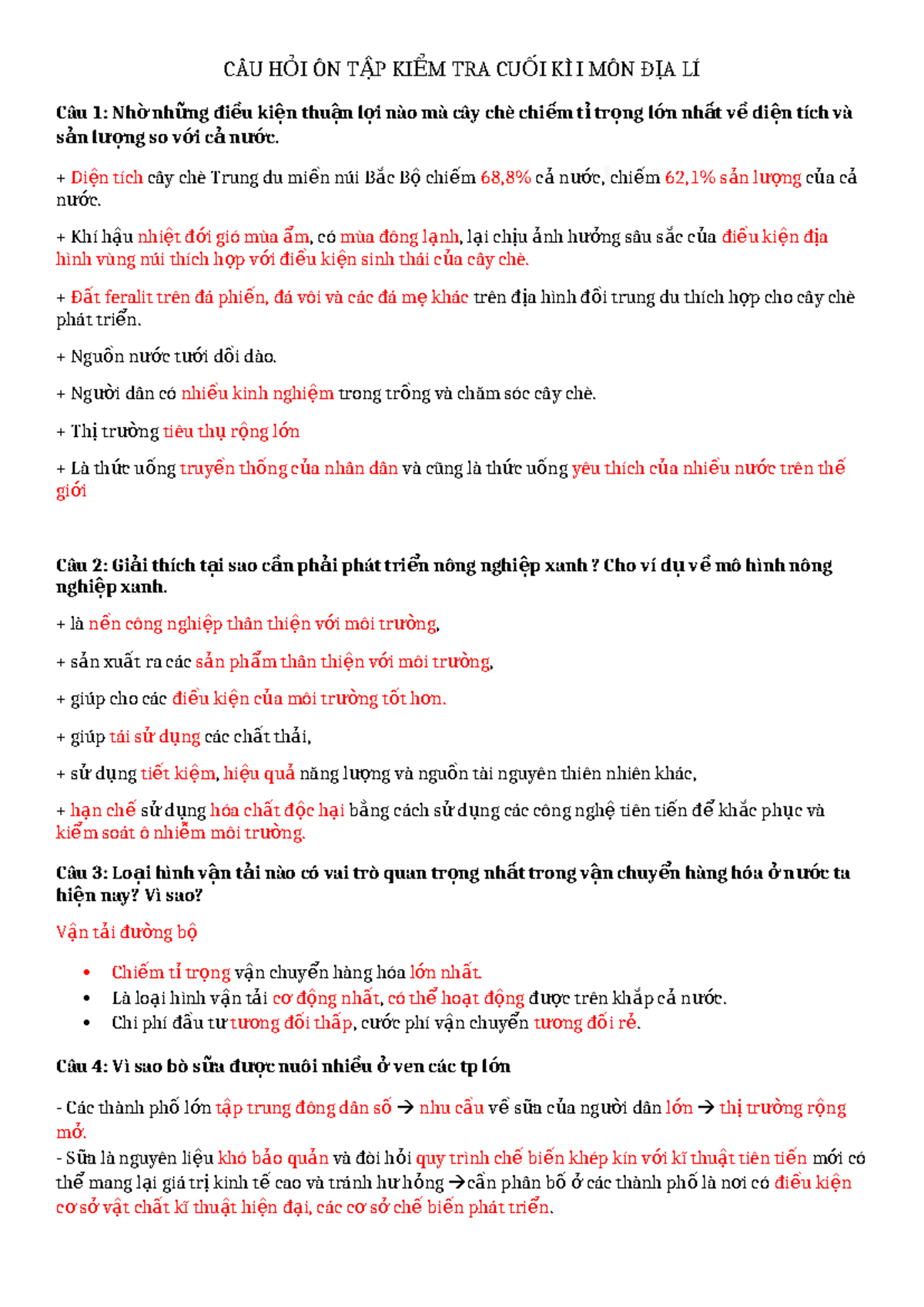 Câu Hỏi Ôn Tập Kiểm Tra Cuối Kỳ I Môn Địa Lí - Studocu