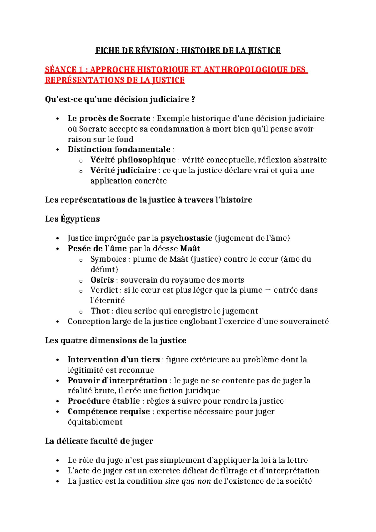 FICHE DE RÉVISION : HISTOIRE DE LA JUSTICE - SÉANCES 1 À 8 - Studocu