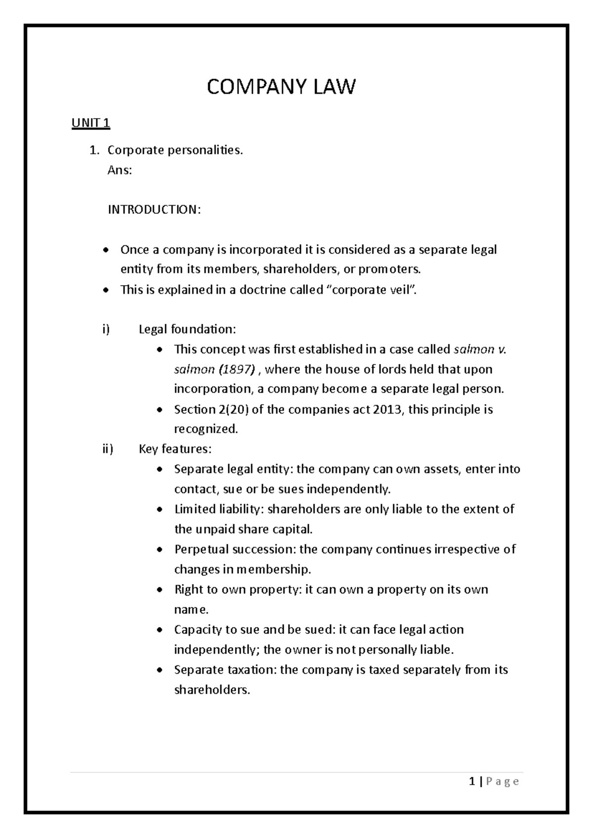 COMPANY LAW UNIT 1: Corporate Personalities and Legal Framework - Studocu