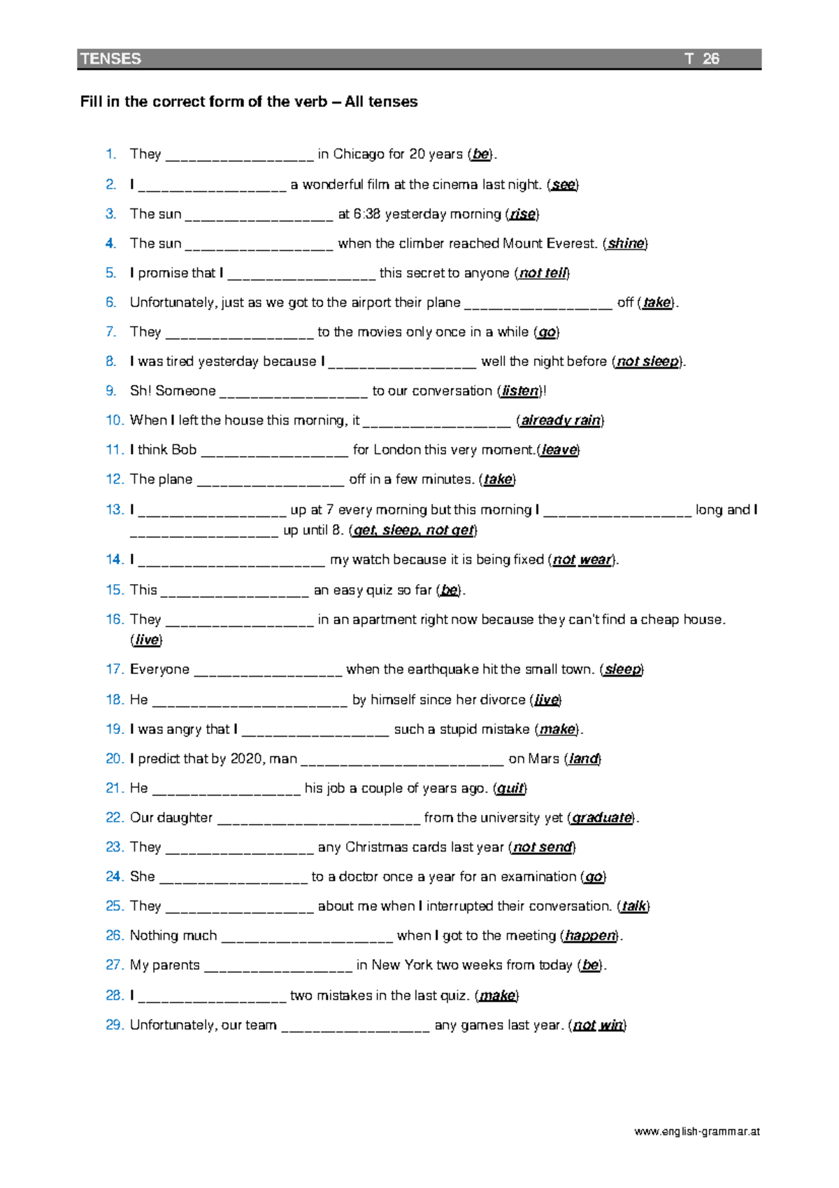TENSES T 26: Fill in the Correct Verb Forms for All Tenses - Studocu