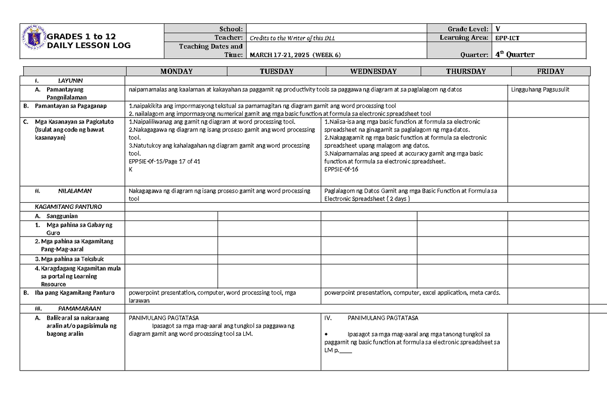 Grade 5 DLL EPP 5 Q4 Week 6 - GRADES 1 to 12 DAILY LESSON LOG School: Grade Level: V Teacher ...