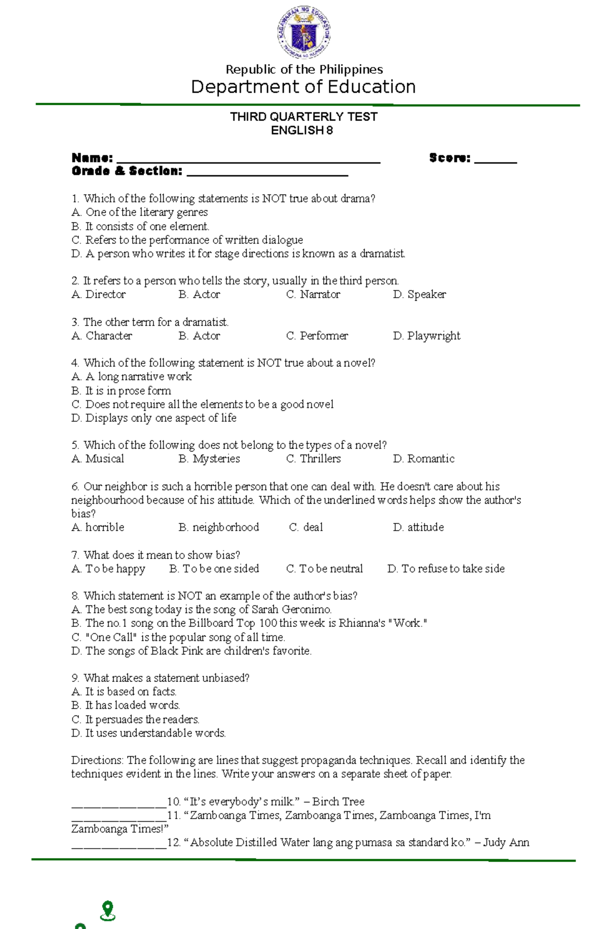 Quarterly Test in English 8 - Department of Education THIRD QUARTERLY ...