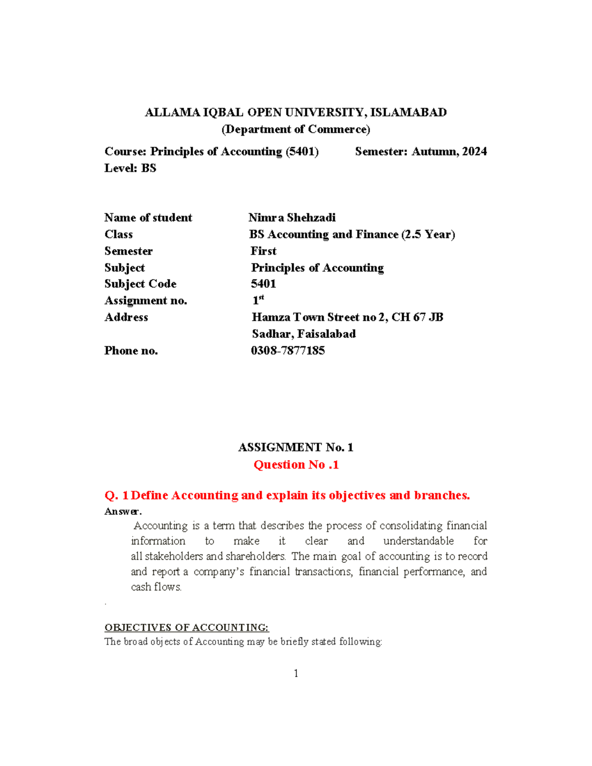 5401 - Principles of Accounting Assignment 1: Key Concepts Explained ...