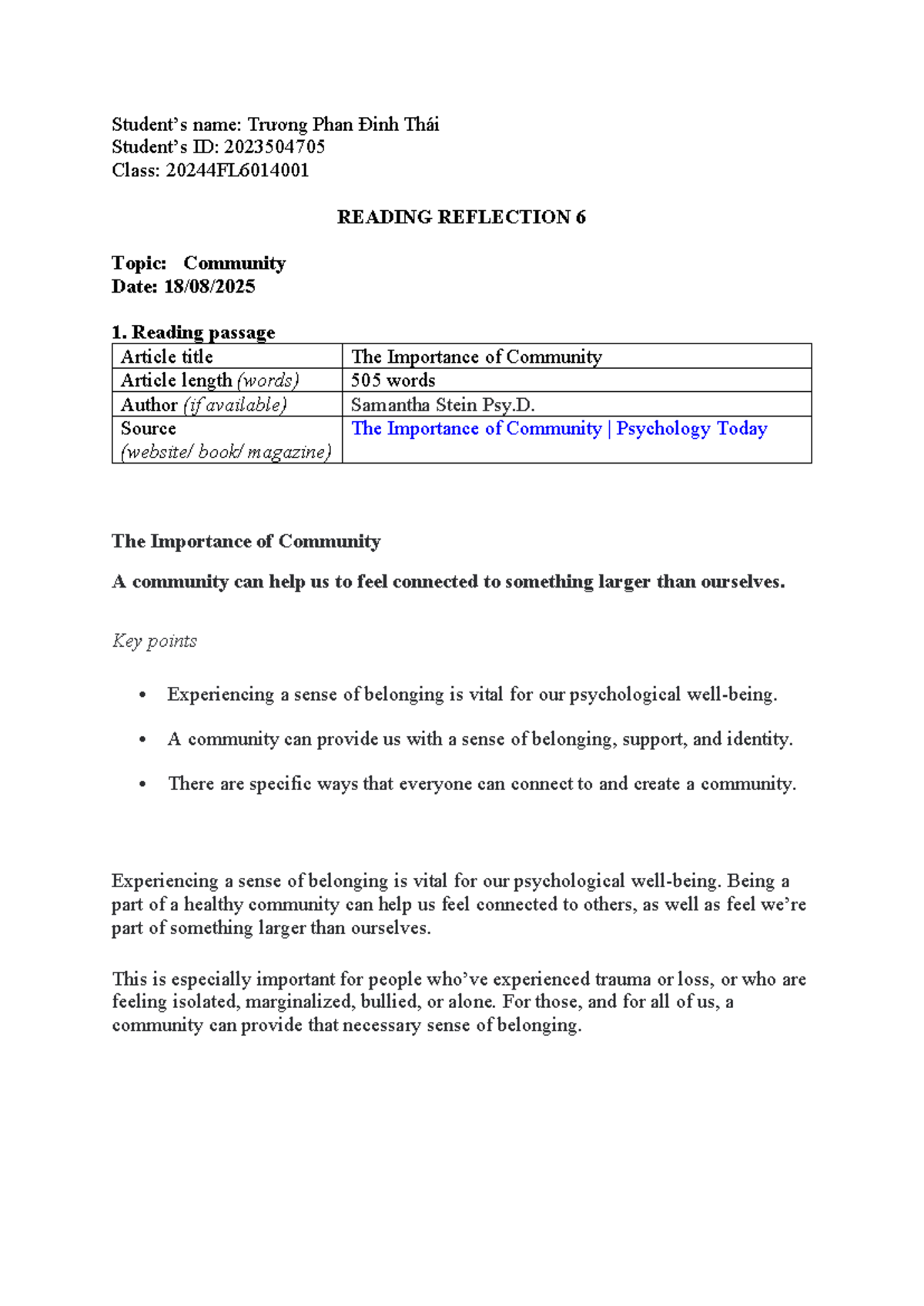 20244FL6014001 Reading Reflection 6: The Importance of Community - Studocu