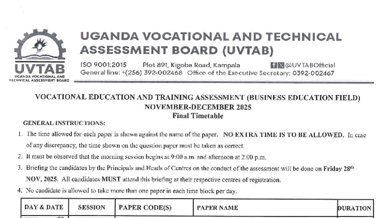 UVTAB 2025 Final Timetable for Vocational Education Assessments - Studocu