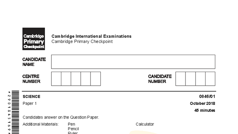 2018 O Level Science - Cambridge Primary Checkpoint Paper 1 - Studocu