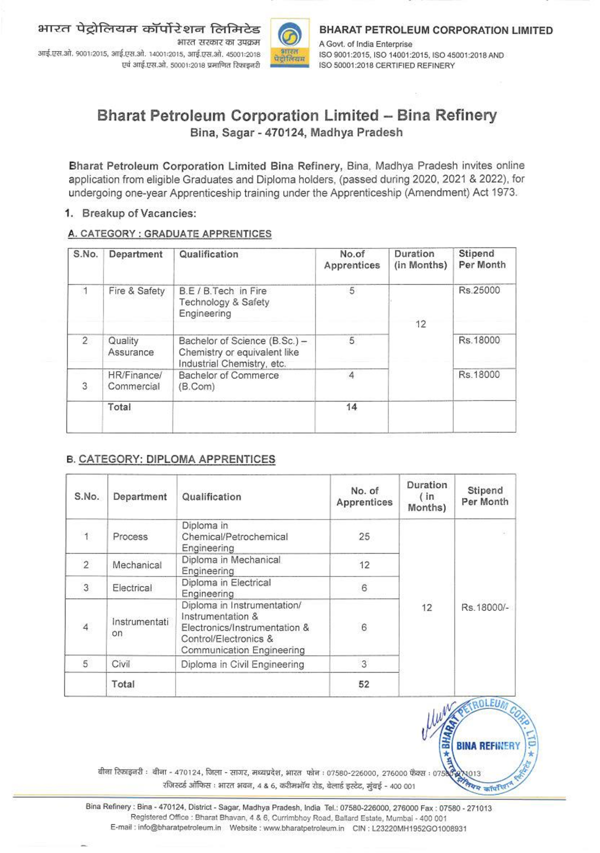 BPCL Graduate Diploma Apprentice Recruitment 2023 Notification - Civil Engineering - Studocu
