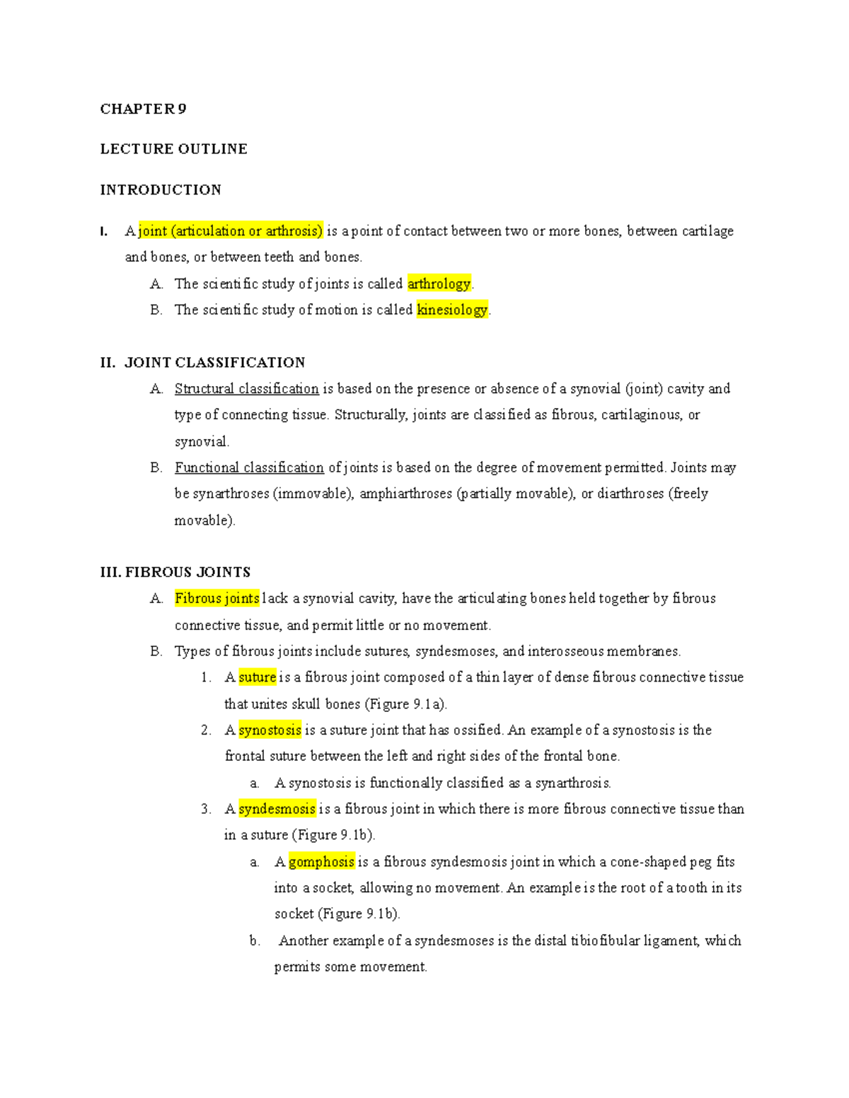 Ch09 - Lecture on Joint Classification: Fibrous, Cartilaginous & Synovial - Studocu