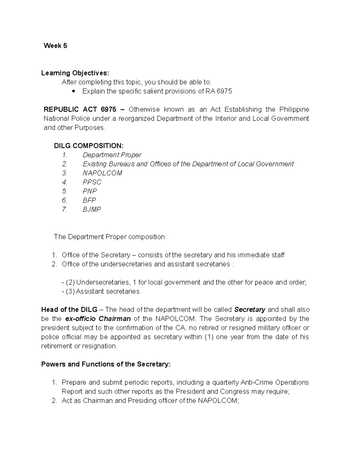 Law Enf Admin Module 5: Highlights of RA 6975 & DILG Structure - Studocu