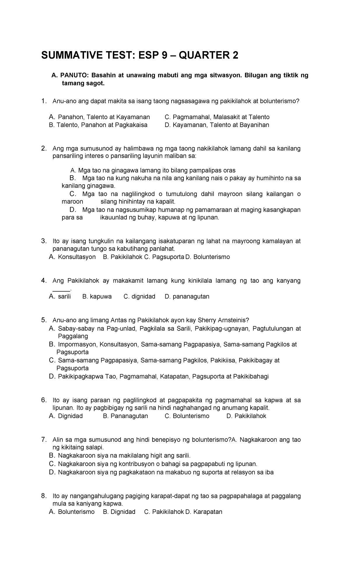 ESP 9 Summative Qarter 2 - SUMMATIVE TEST: ESP 9 – QUARTER 2 A. PANUTO ...