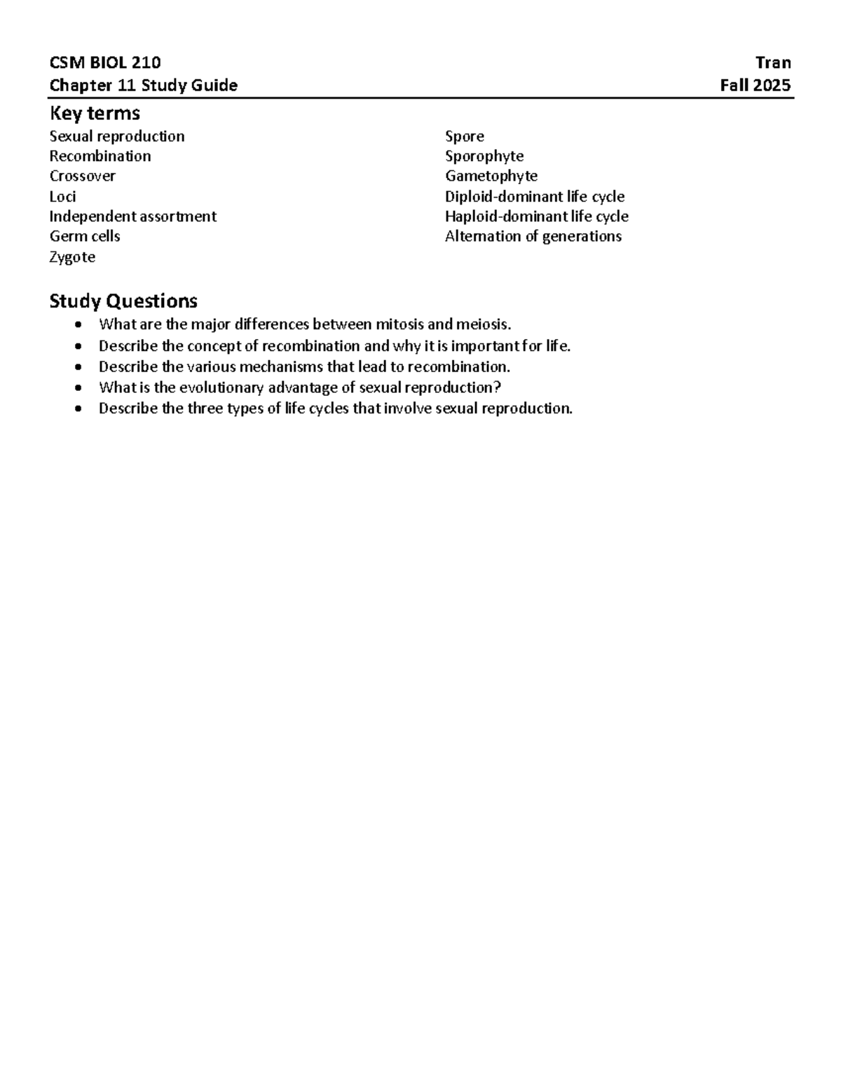 CSM BIOL 210 Chapter 11 Study Guide: Sexual Reproduction & Life Cycles ...