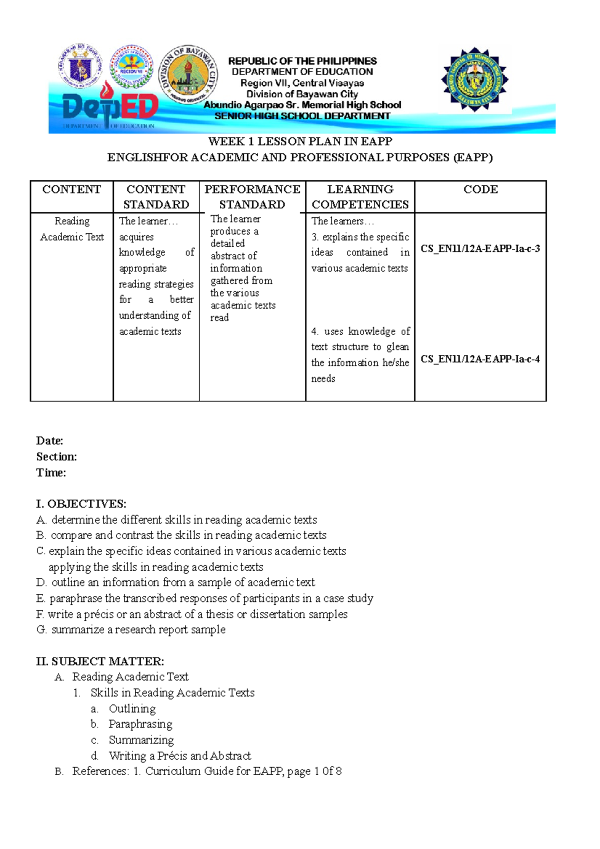 EAPP2 - Test - WEEK 1 LESSON PLAN IN EAPP ENGLISHFOR ACADEMIC AND ...