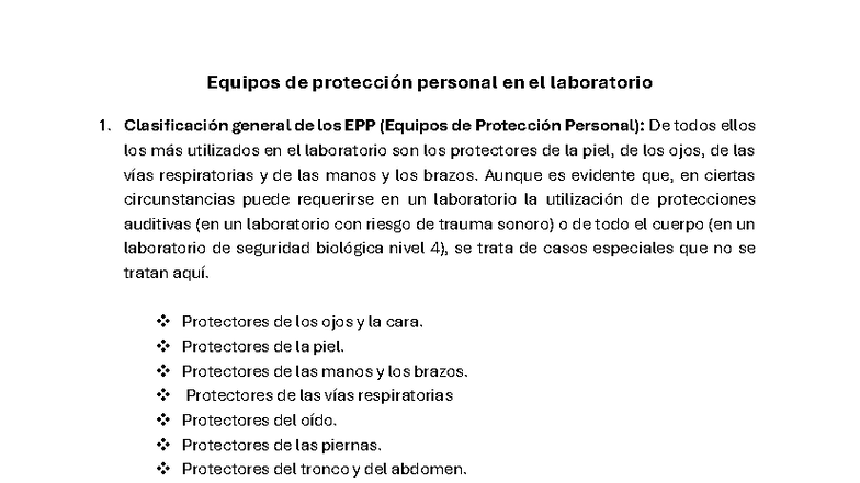 EPP en Laboratorio: Clasificación y Aplicaciones - Resumen - Studocu
