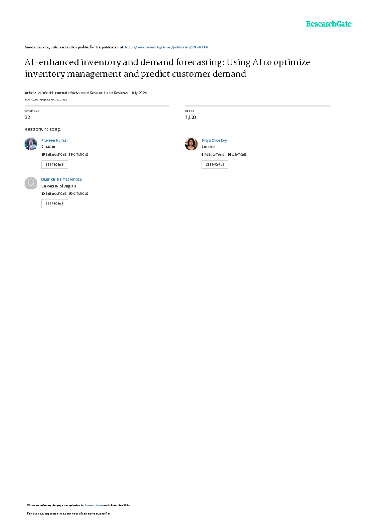 AI-Enhanced Inventory & Demand Forecasting: WJARR 2024 Insights - Studocu
